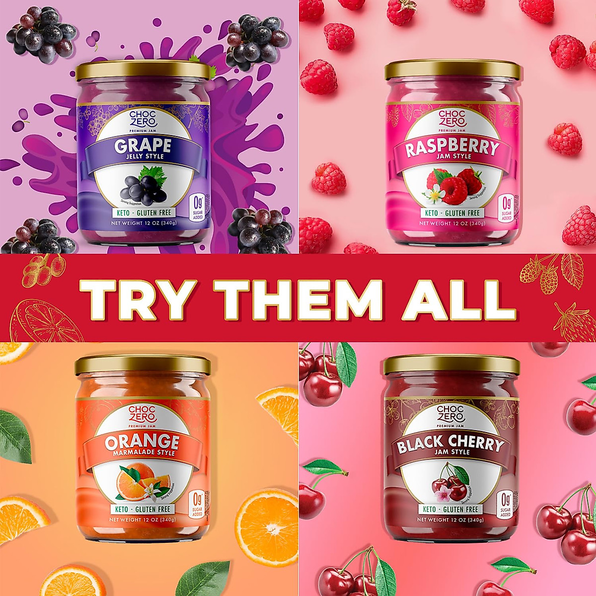 Keto Strawberry Jam, No Sugar Added - Monk Fruit Sweetened, Gluten Free Spread from ChocZero, 12 oz