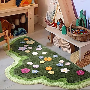 YYINYXY Moss Carpet for Bedroom 3D Irregular Green Aesthetic Bed Rug Living Room Cute Floral Sofa Rug Microfiber Fleece Carpet Home Decor (24x47 Inches)