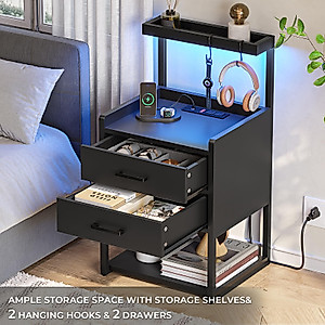 MSmask Black Night Stand with Charging Station, LED Night Stand with 2 Drawers and Open Storage Shelves, Modern Bedside Table with USB Ports&Outlets, End Side Table for Bedroom, Dorm