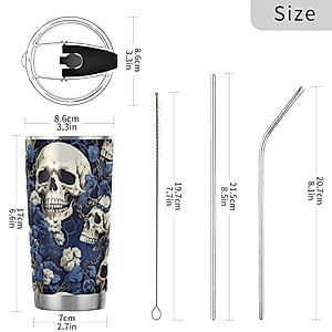 HXshaoye blue flowers skulls hippie Stainless Steel coffee cups with lids with Lid and Straw mug for hot drinks for coffee reusable 20oz coffee tumbler termos para gym 20oz