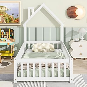 DEINPPA Twin Kids Bed, Wooden Floor Bed with House Shaped Headboard, House Bed Frame with Door Design for Toddler Children Boys Girls-White