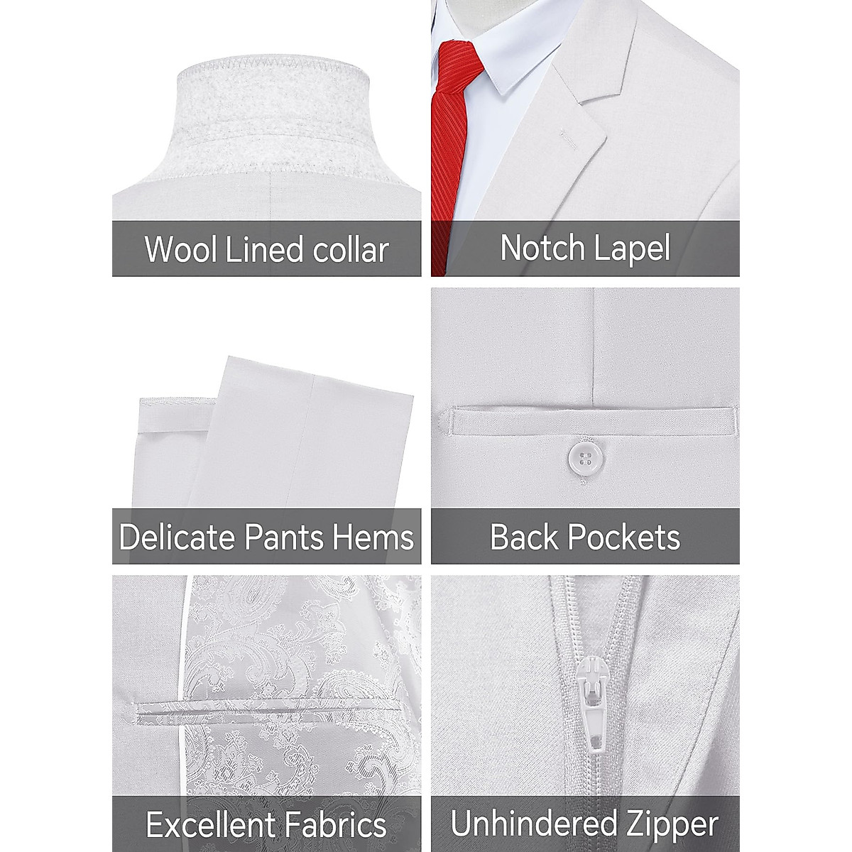 MAGE MALE Men's 3 Pieces Suit Slim Fit Notch Lapel One Button Business Wedding Party Solid Blazer Jacket Vest Pants Set with Tie White