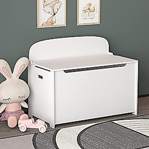 JARKUZ Kids Wooden Toy Box, Wide Toy Storage Organizer, Toy Chest with Safety Hinged Lid for Kids, Children's Furniture Large Trunk for Boys and Girls Ages 3+ (White)