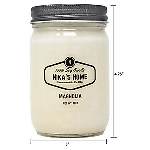 Nika's Home Magnolia Soy Candle 12oz Mason Jar Non-Toxic White Soy Handmade, Long Burning 50-60 Hours Highly Scented All Natural, Clean Burning Large Candle Gift Décor