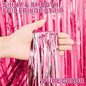 4-Pack Backdrop for Party Decorations, Foil Fringe Backdrop Curtains, Tinsel Streamers for Birthday Party Decorations, Pink Backdrop Curtains for Girl Graduation Unicorn Mermaid Disco Princess Parties