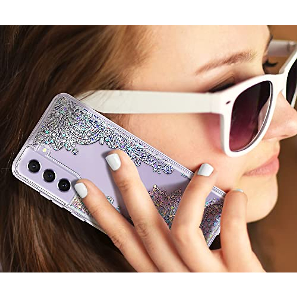 Coolwee Clear Glitter for Galaxy S21 FE Case Thin Flower Slim Cute Crystal Lace Bling Shiny Women Girl Floral Plastic Hard Back Soft TPU Bumper Protective Cover for Samsung Galaxy S21 FE Mandala Henna