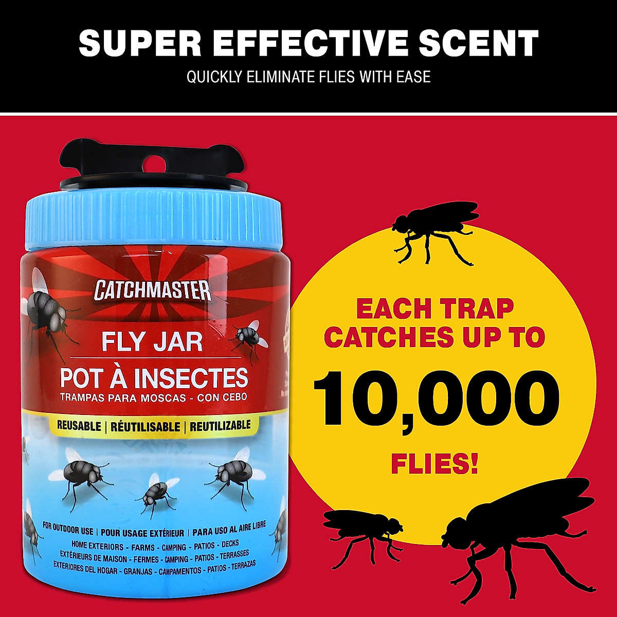 Catchmaster Reusable Fly Traps Outdoor Jar 1-Pack, Bug Catcher and Flying Insect Trap with Food-Based Lure for Pest Control, Pet Safe, Non Toxic Bulk Fly Traps