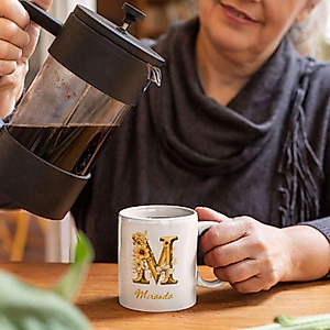 Personalized Floral Initial Letter M Name Ceramic Cups - Customized Name White Tea Mugs Presents - Floral Letter M Alphabet Coffee Mugs - Monogram Wedding Gifts For Bride And Groom