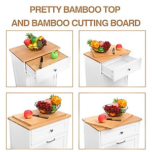 EROMMY Tilt Out Trash Cabinet, Wooden Kitchen Trash Can Free Standing Waste Bin, Recycling Hideaway Garbage Can Holder with Drawer and Removable Bamboo Cutting Board, White