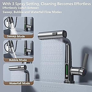 BARROCK Waterfall Bathroom Faucets with Pull Down Sprayer, Modern Pull Out Bathroom Sink Faucet with Digital Temperature Display, Height Adjustable Basin Mixer Tap No Battery Needed, Gun Grey