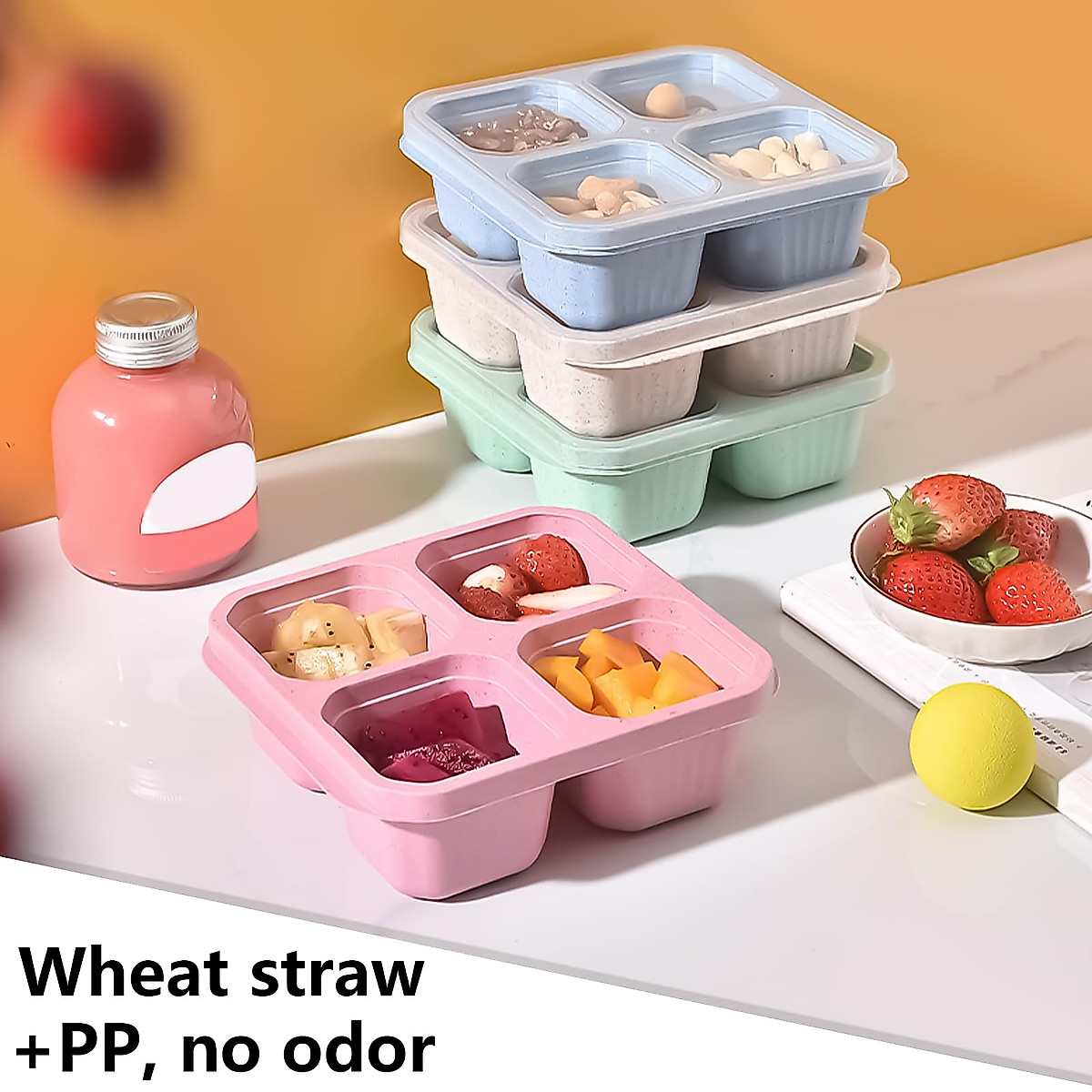 Guaber Multicolored Compartmental Food Storage Container, Reusable Meal Preparation, 4-Compartment Snacks Box, Plastic, Green, Flip Top, 16.5x15.5x5.5cm/6.49x6.10x2.16inch