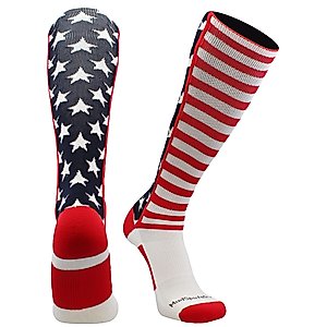 USA American Flag Stars and Stripes Over the Calf Socks (Navy/Red/White, Large) - Patriotic Knee High Socks for Softball, Baseball, Football, Soccer & More - Patriotic Sports Socks