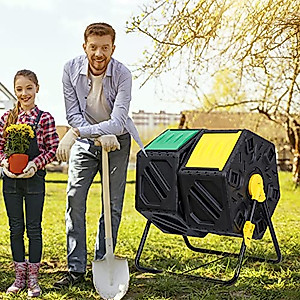 HomGarden Dual Chamber Compost Tumbler for Garden and Outdoor, 37 Gallon High Volume Composter with 2 Sliding Doors, Black