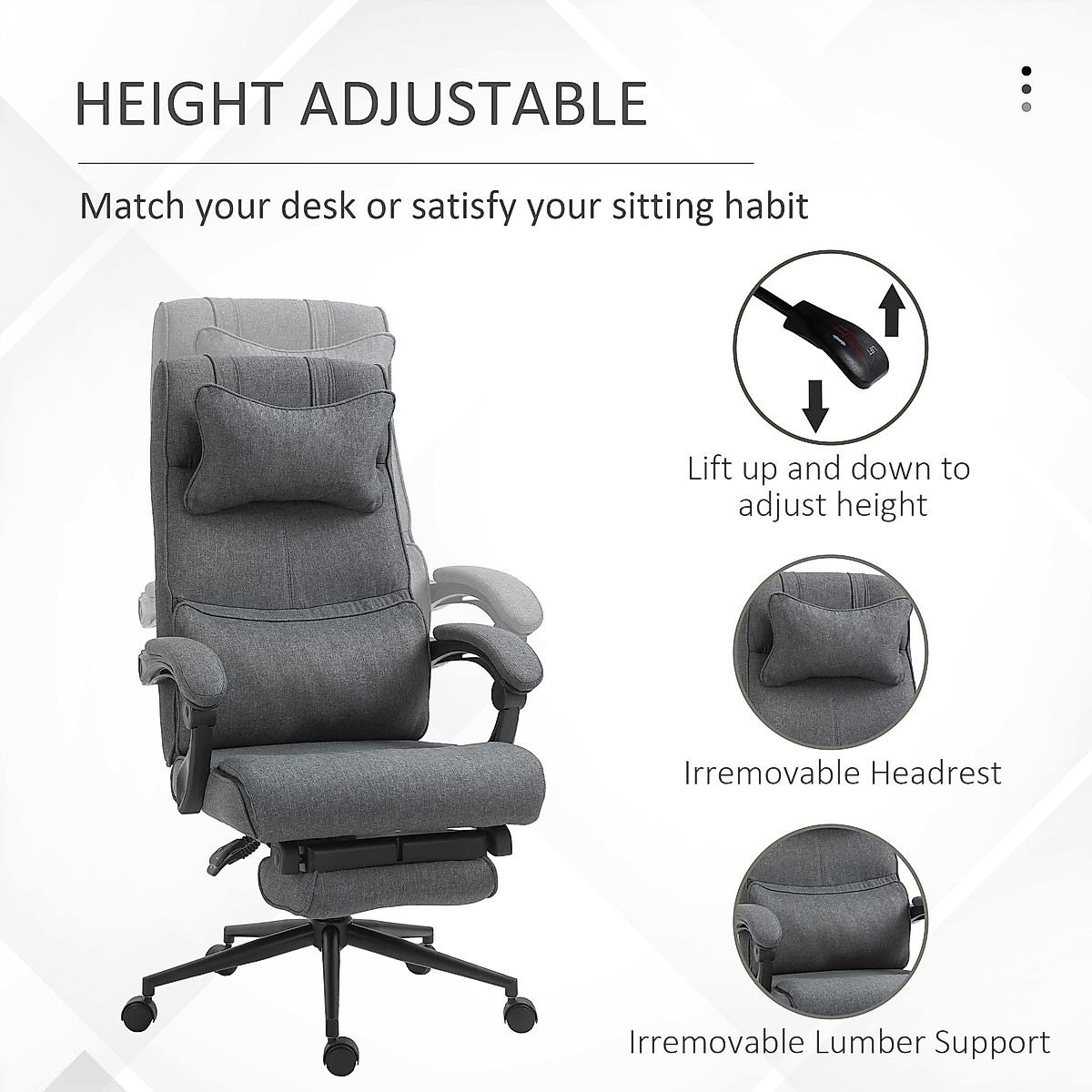 Vinsetto High Back Executive Office Chair, Reclining Computer Desk Chair with Footrest, Height Adjustable Fabric Office Chair with Headrest and Lumbar Support, Gray