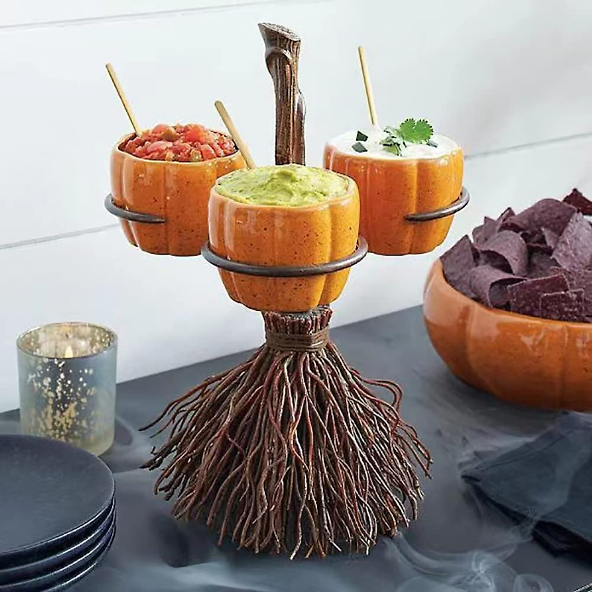 LIANGLIDE Halloween Pumpkin Snack Bowl Stand Halloween Candy Bowl Collapsible Party Trays Pumpkin Bowls on Broom for Serving Snacks Salad Dessert Halloween Party Decorations
