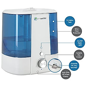 PureGuardian H1175WCA Ultrasonic Cool Mist Humidifier, 90 Hrs. Run Time, 1.5 Gal. Tank Capacity, 390 Sq. Ft. Coverage, Medium Rooms, Quiet, Filter Free, Silver Clean Treated Tank, Essential Oil Tray