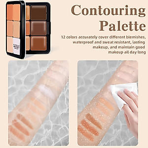 HOSAILY 12 Colors Cream Concealer Foundation Palette, Long-Wearing Smudge Proof Blendable Full Coverage Cream Contour Blush Highlighter Color Correcting Concealer Foundation Palette Makeup