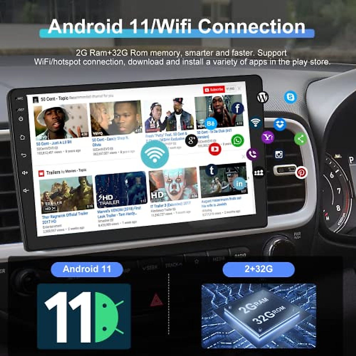 2G+32G Wireless Apple CarPlay Car Stereo, 9" Touch Screen Android 11 Double Din Car Radio, HD Backup Camera Bluetooth Audio GPS Navigation WiFi Subw Android Auto USB FM/RDS Radio External Mic