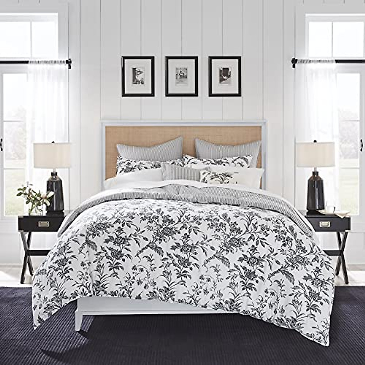 Laura Ashley - Queen Comforter Set, Reversible Cotton Bedding, Includes Matching Shams with Bonus Euro Shams & Throw Pillows (Amberley Black/White, Queen)