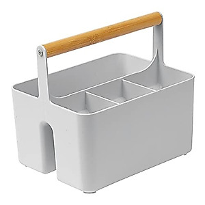 mDesign Plastic Portable Storage Organizer Kitchen Caddy Tote, Divided Bin with Wood Handle for Napkins, Silverware, Forks, Knives, Spoons - Store in Cabinets, Countertops - Gray/Natural