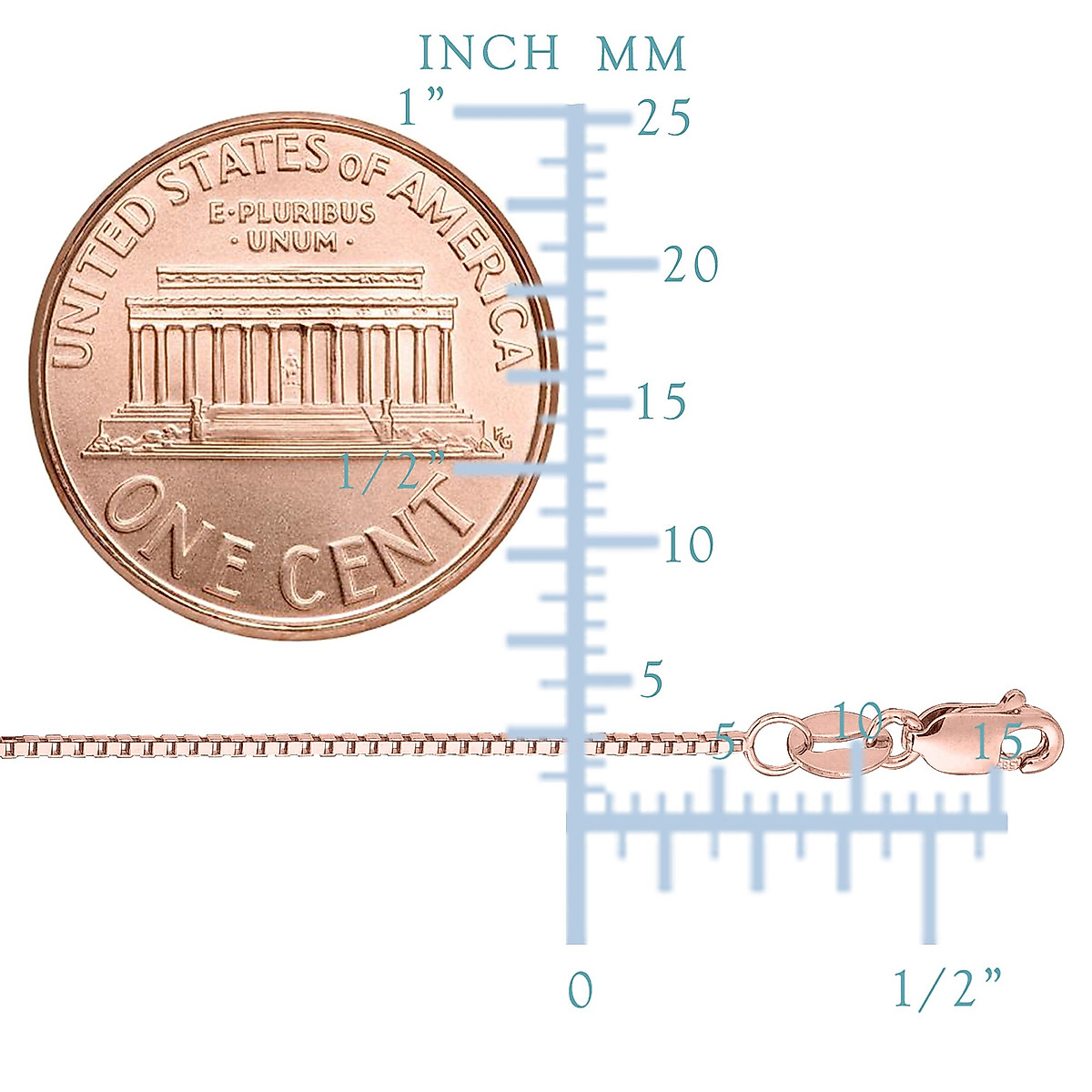 Jewelry Affairs 14k Rose Solid Real Gold Mirror Box Chain Necklace, 0.8mm, 24"