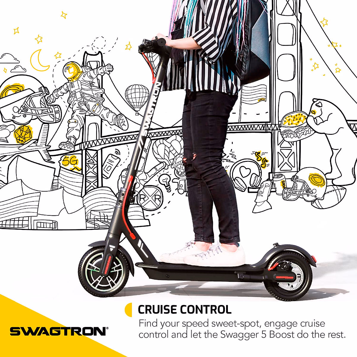 Swagtron SG-5 Swagger 5 Boost Commuter App-Enabled Electric Scooter with Upgraded 300W Motor and 1-Click Quick Folding, Silver