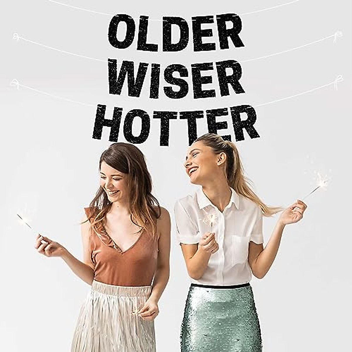 Pre-Strung Older Wiser Hotter Banner - NO DIY - Black Glitter Happy Birthday Party Banner - Pre-Strung Garland on 8 ft Strands. Black Birthday Party Decorations For Men & Women. Did we mention no DIY?