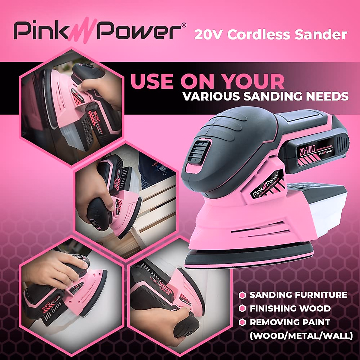 Pink Power Detail Sander for Woodworking 20V Cordless Electric Hand Sander for Wood Furniture - Mini Palm Sander Tool with Sandpaper, Li-Ion Battery & Charger - Small Handheld Sanding Machine