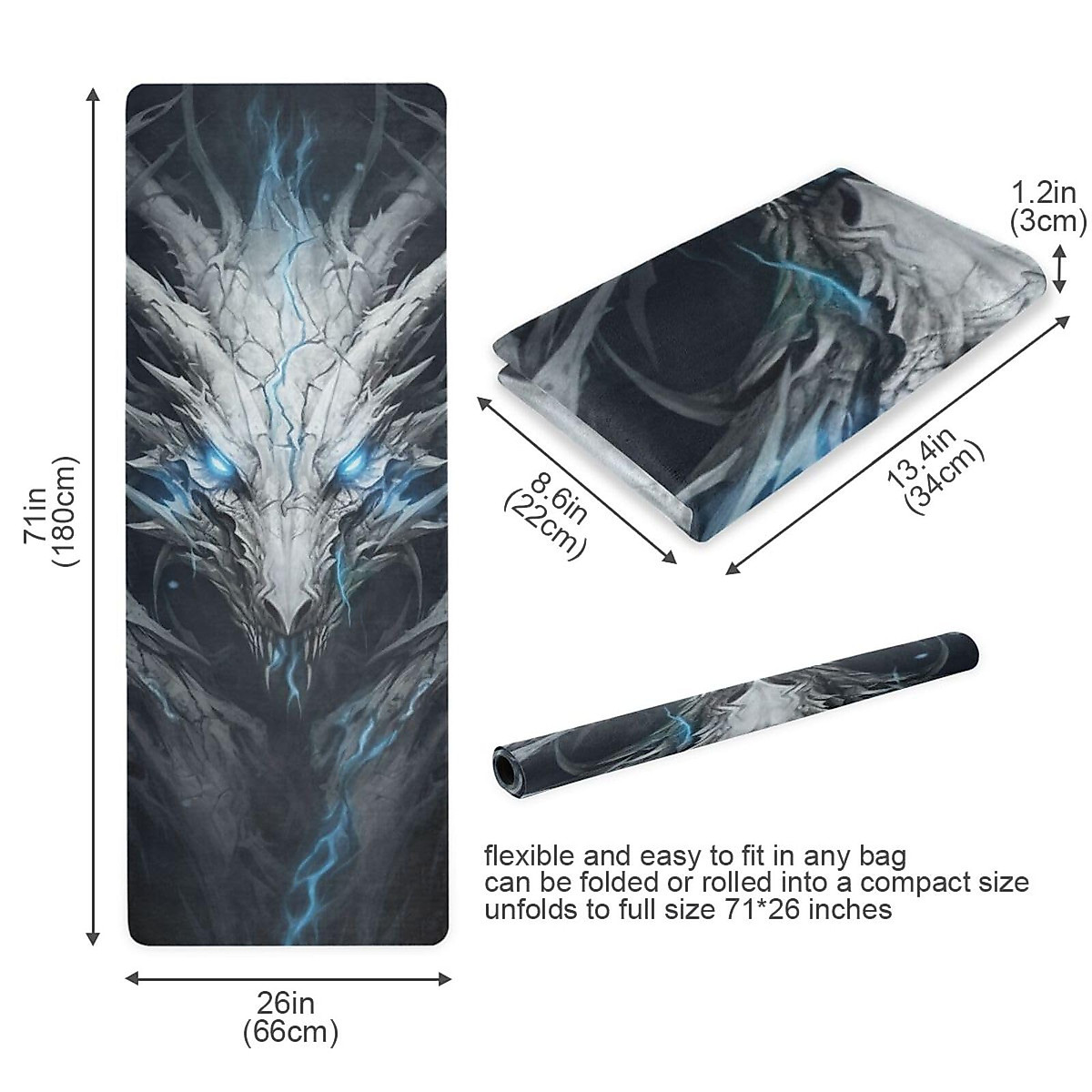 GOODOLD Blue Eyes Dragon Yoga Mat, 71 x 26 Inch Non-slip Yoga Mats Folding Travel Exercise Mat Indoor Outdoor Gym Pilates with Storage Bag for Women Men