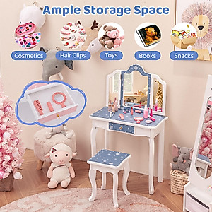 Olakids Kids Vanity Set, 2 in 1 Wooden Princess Makeup Table and Chair Set with Detachable Tri-Folding Mirror Storage Drawer, Snowflake Themed Girls Pretend Beauty Dressing Play Toy Gift (Blue)