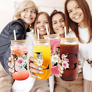 WINOWIMO Initial Glass Cups with Lids and Straws, Personalized Gifts for Women, Iced Coffee Cup Glass Tumbler, Birthday Bridesmaid Proposal Inspirational Customized Christmas Gifts for Women Girls (L)