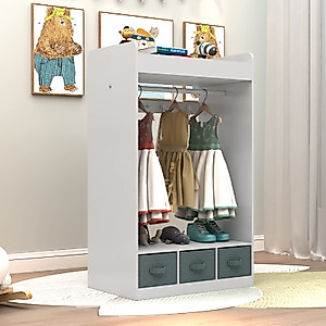 Shyneer Dress Up Storage with Mirror, Girls Armoire with Non-Woven Drawers, Open Costume Closet with Hanging Rack (White)