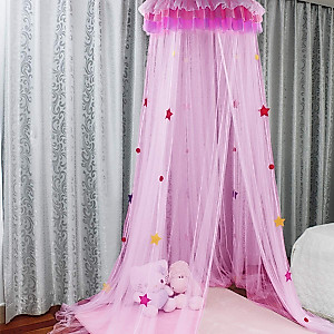 Goplus Princess Bed Canopy Netting Dome with Elegant Ruffle Lace for Girls and Baby Room Decor, Bed Curtains Mosquito Net for Twin, Full, Queen Size Beds, Pink