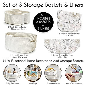 Sweet Jojo Designs Blush Pink Gold Star Moon Girl Woven Storage Basket Set 3pc Cotton Rope Diaper Caddy Bins Baby Nursery Shelf Kids Closet Drawer Organizer Liner Grey Celestial Sky Gray Shabby Chic
