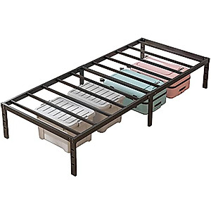 HOBINCHE 14 Inch Metal Twin Bed Frame No Box Spring Needed - Easy Assembly Heavy Duty Noise Free Narrow Bedframes - Single Black Basic Anti Squeak Steel Slats Platform with Storage