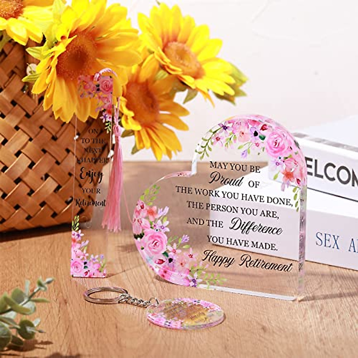 Sepamoon 3 Pieces Acrylic Inspirational Christian Gifts Retirement Paperweight for Women Bible Verse Decor Table Centerpiece Heart Shape Sign with Bookmark Keychain (Retirement), White