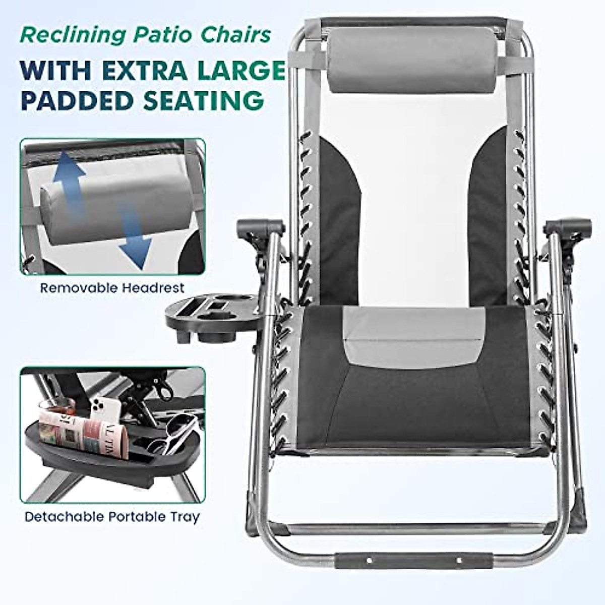 Leteuke Zero Gravity Chair, Oversized XL Zero Gravity Lounge Chair with Mesh Back & Padded Seat, 450 LBS Capacity Outdoor Recliner with Removable Pillow and Tray for Patio Lawn Yard, Gray+Black