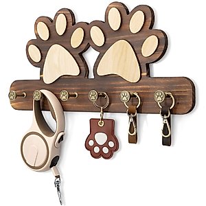 MTERSN Farmhouse Key Holder for Wall - Decorative Dog Leash Hanger Wall Mounted and Coat Rack with 5 Unique 3D Dog Claw Hooks - Dog Accessories Organizer for Rustic Home Decor（Brown）