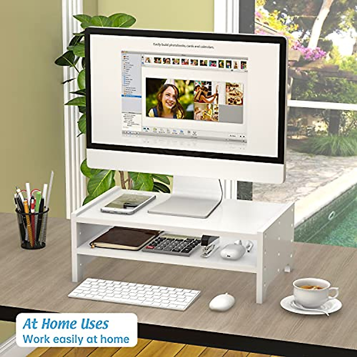 Monitor Stand Riser with Storage Organizer Bamboo 3-Height Adjustment 16.7 inch Desktop Monitor Stand for Office and Home Use (White)