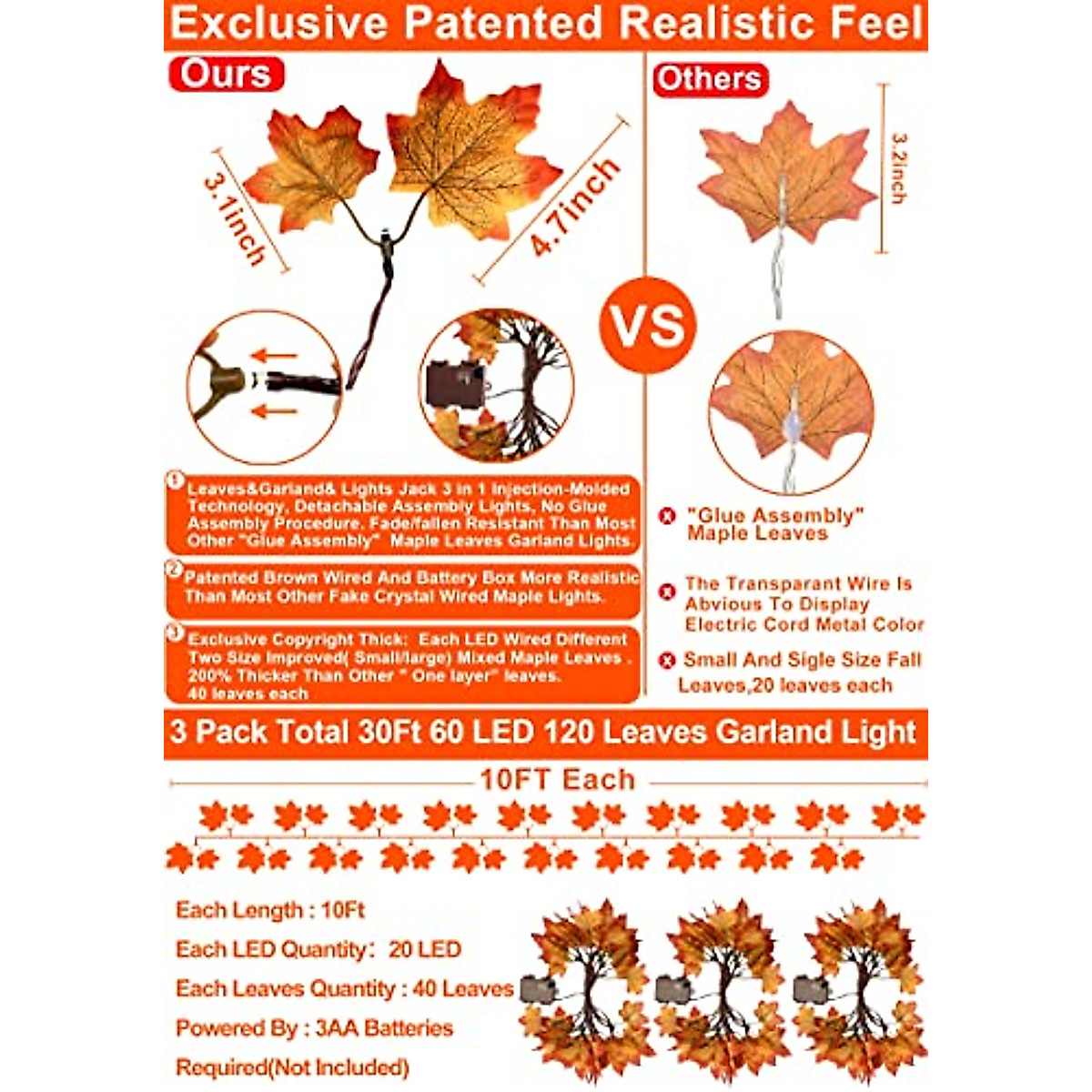 [ Timer & Thicker Leaves ] 3 Pack Fall Garland Lights Fall Decoration Home Total 120 Leaves 60LED 30Ft Waterproof Battery Powered Two Leaves Paired with each Bright LED Halloween Thanksgiving Decor