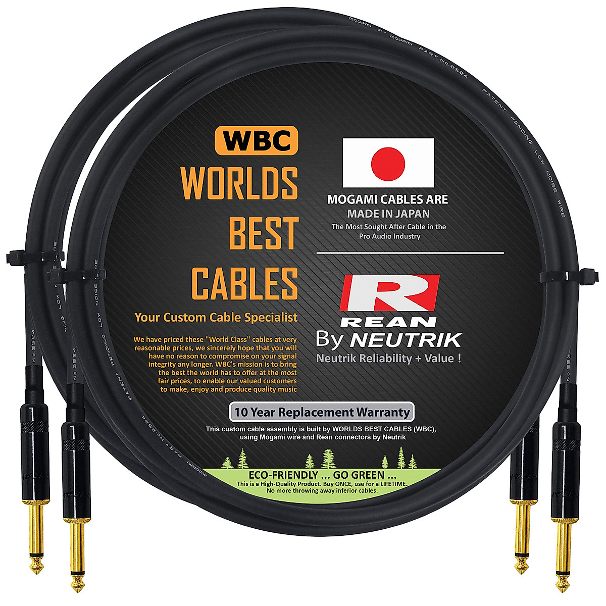 WORLDS BEST CABLES 2 Units - 6 Foot -Pedal, Effects, Patch, Guitar instrument cable CUSTOM MADE made using Mogami 2524 wire and Neutrik-Rean NYS224BG Gold ¼ inch (6.35mm) TS Plugs