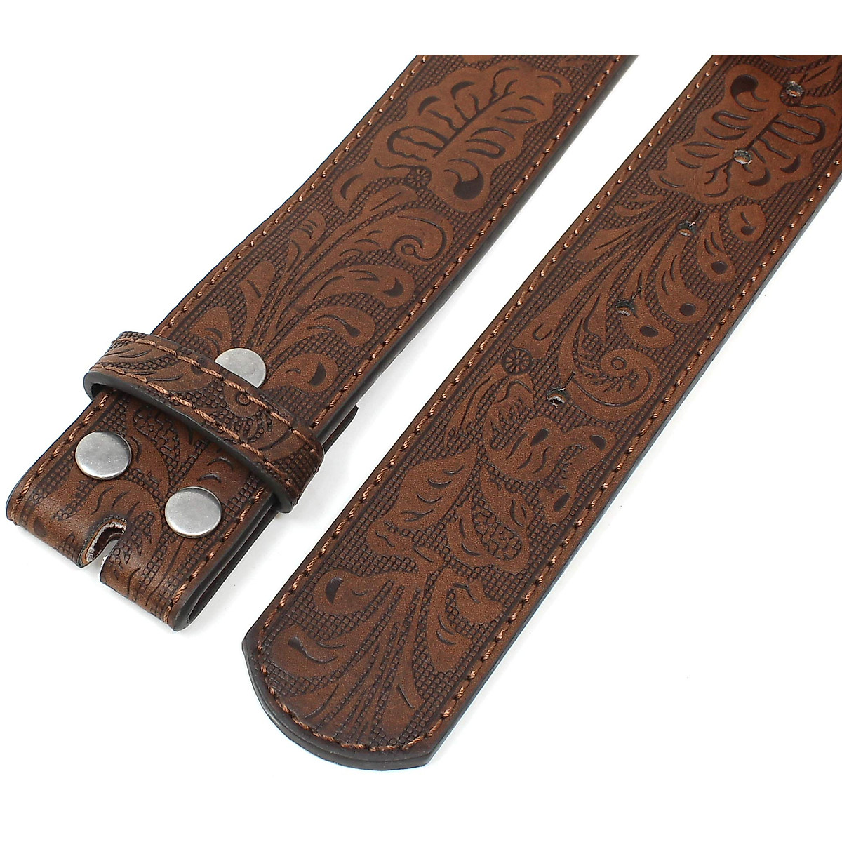 BC Belts Leather Belt Strap with Embossed Western Scrollwork 1.5" Wide with Snaps (Brown-L)