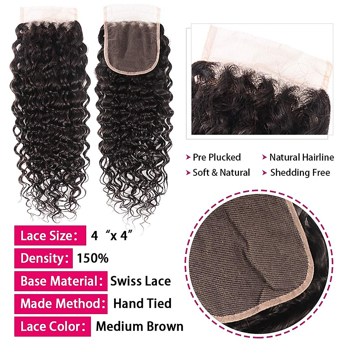10A Water Wave Bundles with Closure (16 18 20 +14) Wet and Wavy Brazilian Virgin Human Hair 3 Bundles with 4x4 Lace Closure with Baby Hair Free Part 1B# Curly Wave Human Hair Extensions