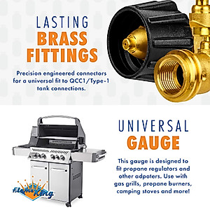 Flame King Propane Tank Gauge Level Indicator Leak Detector Gas Pressure Meter Color Coded & Glow in the Dark Universal for Cylinder, BBQ Gas Grill, RV Camper, Heater and More Appliances - Type 1 Connection, Universal Fit, Model Number: GM212