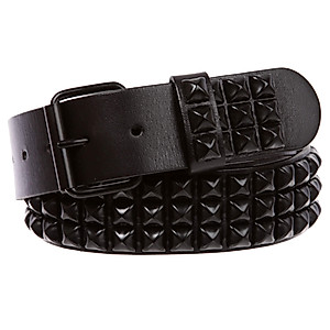 Three Row of Punk Rock Star Metal Black Studded Leather Belt, 38"
