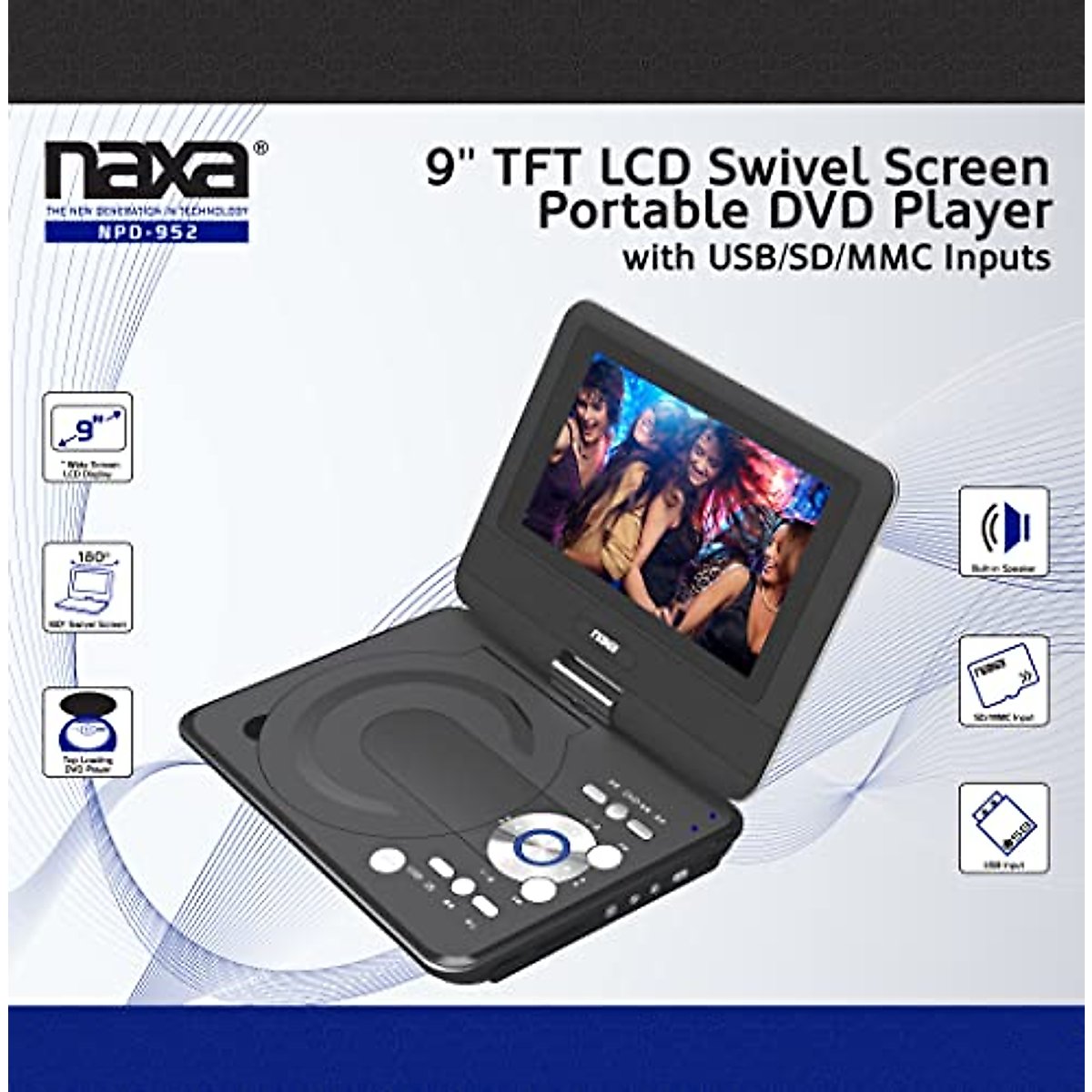 NAXA Electronics NPD-952 9-Inch TFT LCD Swivel Screen Portable DVD Player with USB/SD/MMC Inputs