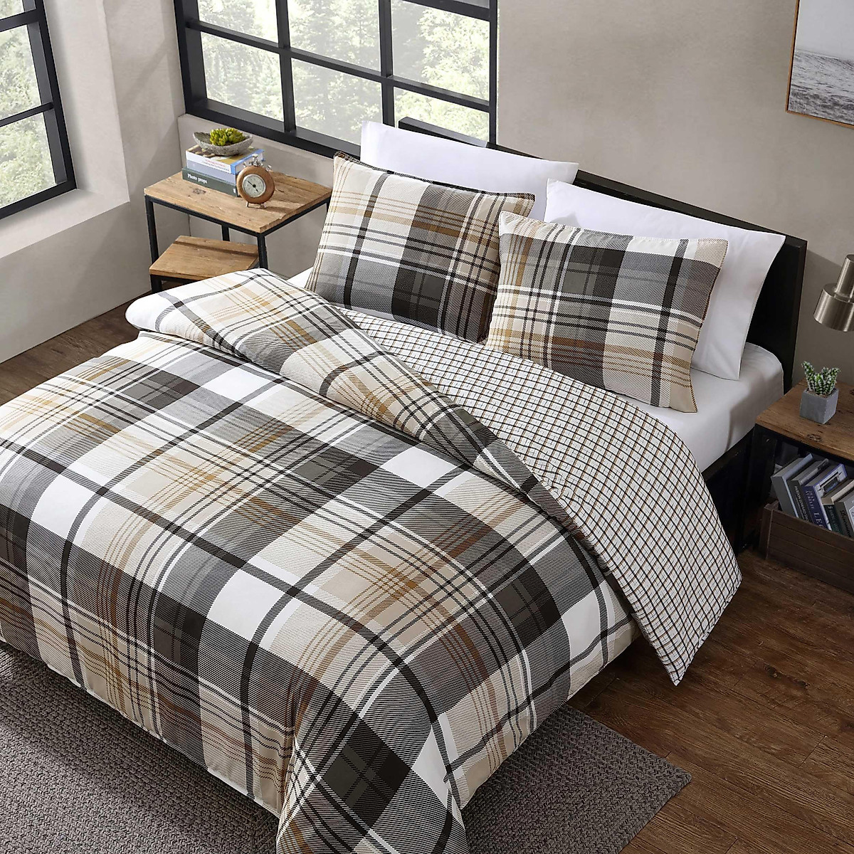 Eddie Bauer - King Duvet Cover Set, Reversible Microsuede Bedding Set with Matching Shams, Casual Home Decor (Normandy Plaid Black, King)
