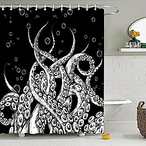 TFGGNDF 2 Piece Octopus Shower Curtain Sets with Bath Mat,White Octopus Tentacles Black Background Ocean Kraken 70"x 70" Bathroom Curatin with 12 Hooks and Bath Rugs
