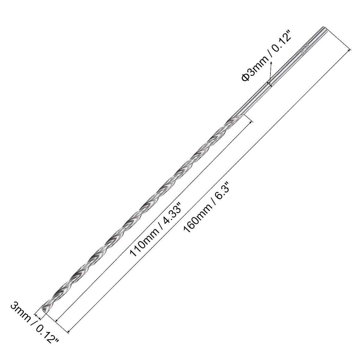 uxcell HSS(High Speed Steel) Straight Shank Jobber Twist Drill Bit 3mm Drill Diameter Extension 160mm Length for Hardened Metal Woodwork Plastic Aluminum Alloy 2 Pcs