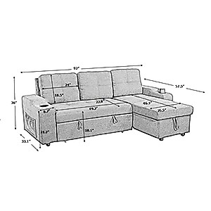 Longrune Modern Velvet Sectional Convertible with 2 Cupholders and Two Side Pockets,Reversible Pull Out Couch Storage Chaise Lounge for Living Room Apartment, Dark Gray